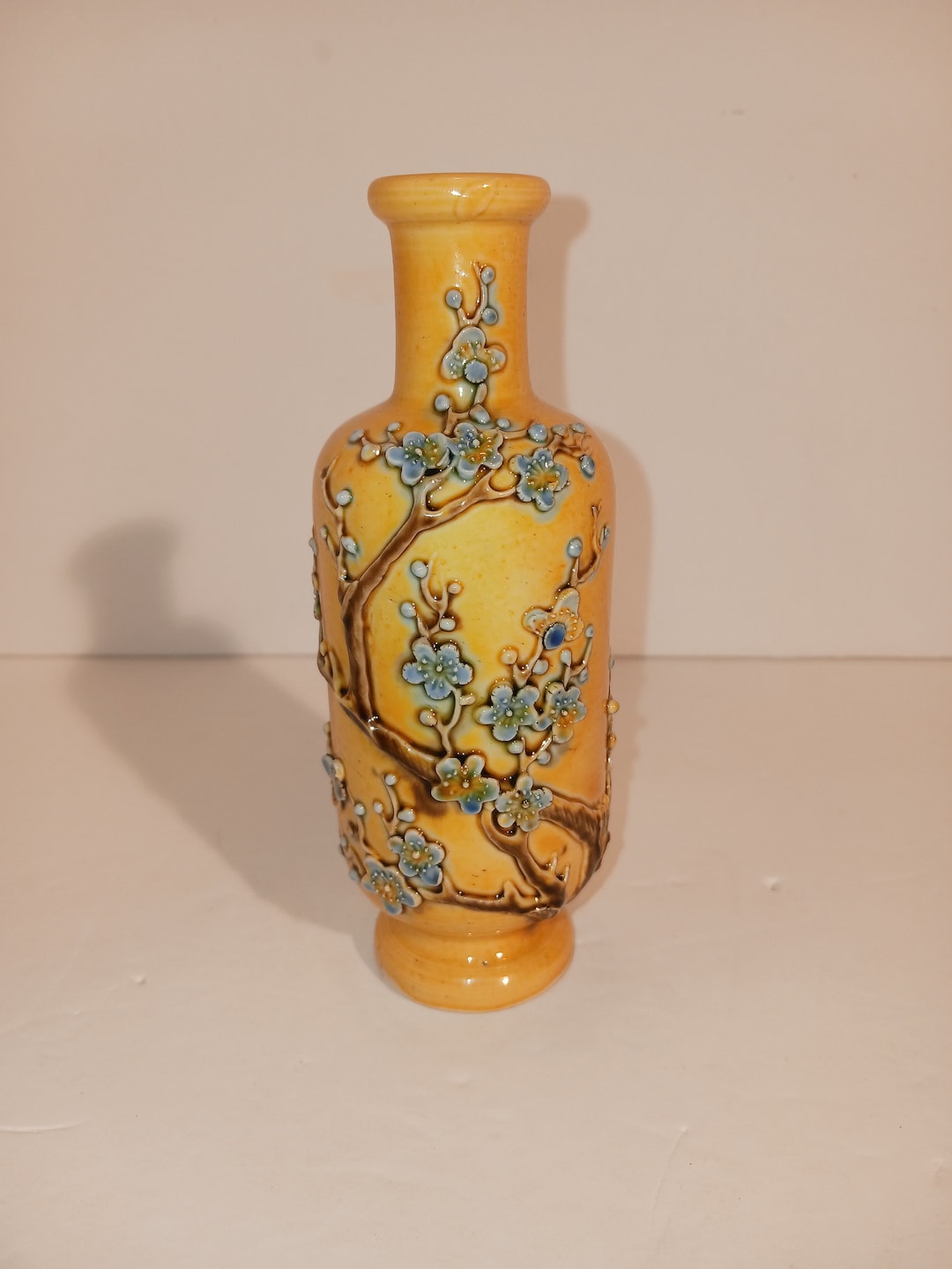 Antique Chinese Yellow Ground Porcelain Vase With Applied Plum Blossoms ...