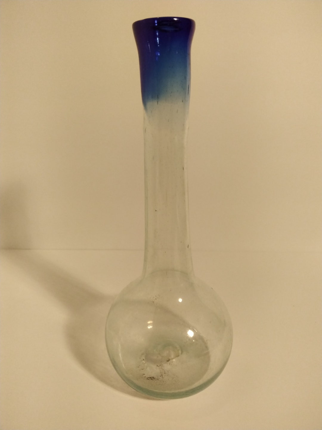 Hand Blown Glass Bulb Vase Clear Glass With Blue Top - Etsy