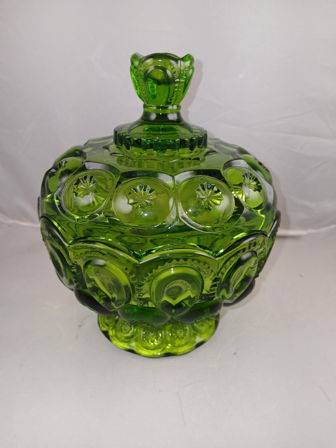 L.E. Smith Moon and Stars Lidded Compote -- Green - Etsy