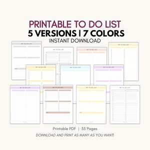 To Do List Printable, Checklist Printable, 5 Versions, 7 Colors, A4 ...