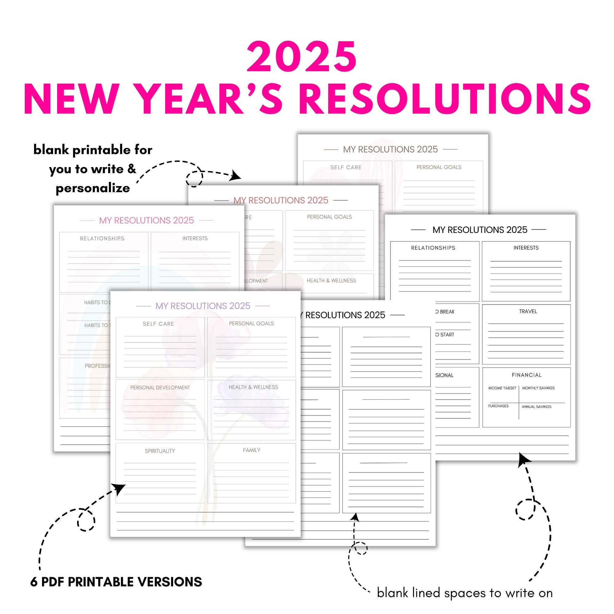 2025 New Year's Resolutions Template PDF | Worksheet | Printable | New ...