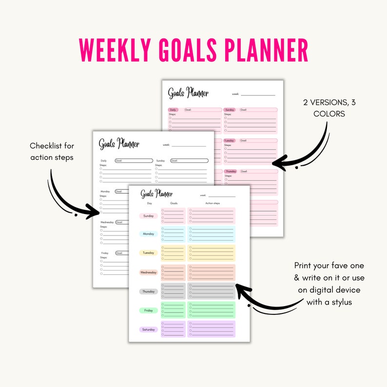 Weekly Goals Planner | Life Planner | Goal Action Steps | Goals ...