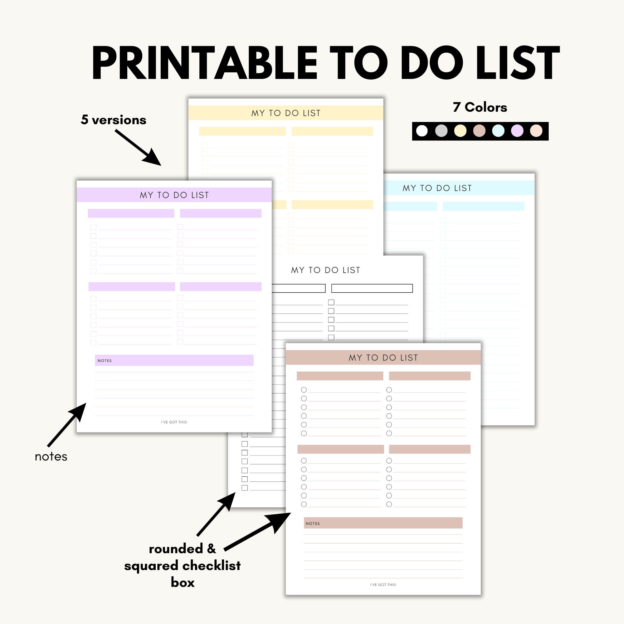 To Do List imprimable, Checklist imprimable, 5 versions, 7 couleurs, A4 ...