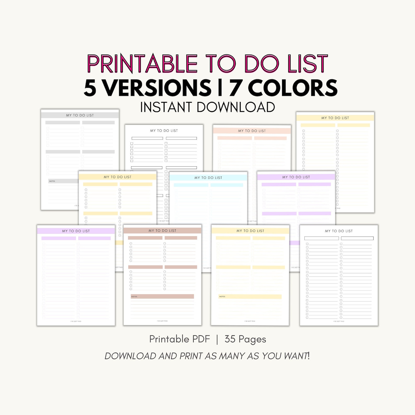 To Do List Printable, Checklist Printable, 5 Versions, 7 Colors, A4 ...