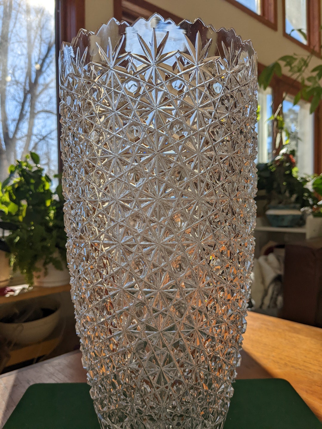 Tall 15 Signed Vintage Heavy Cut Glass Vase UV Sensitive Leaded Glass ...