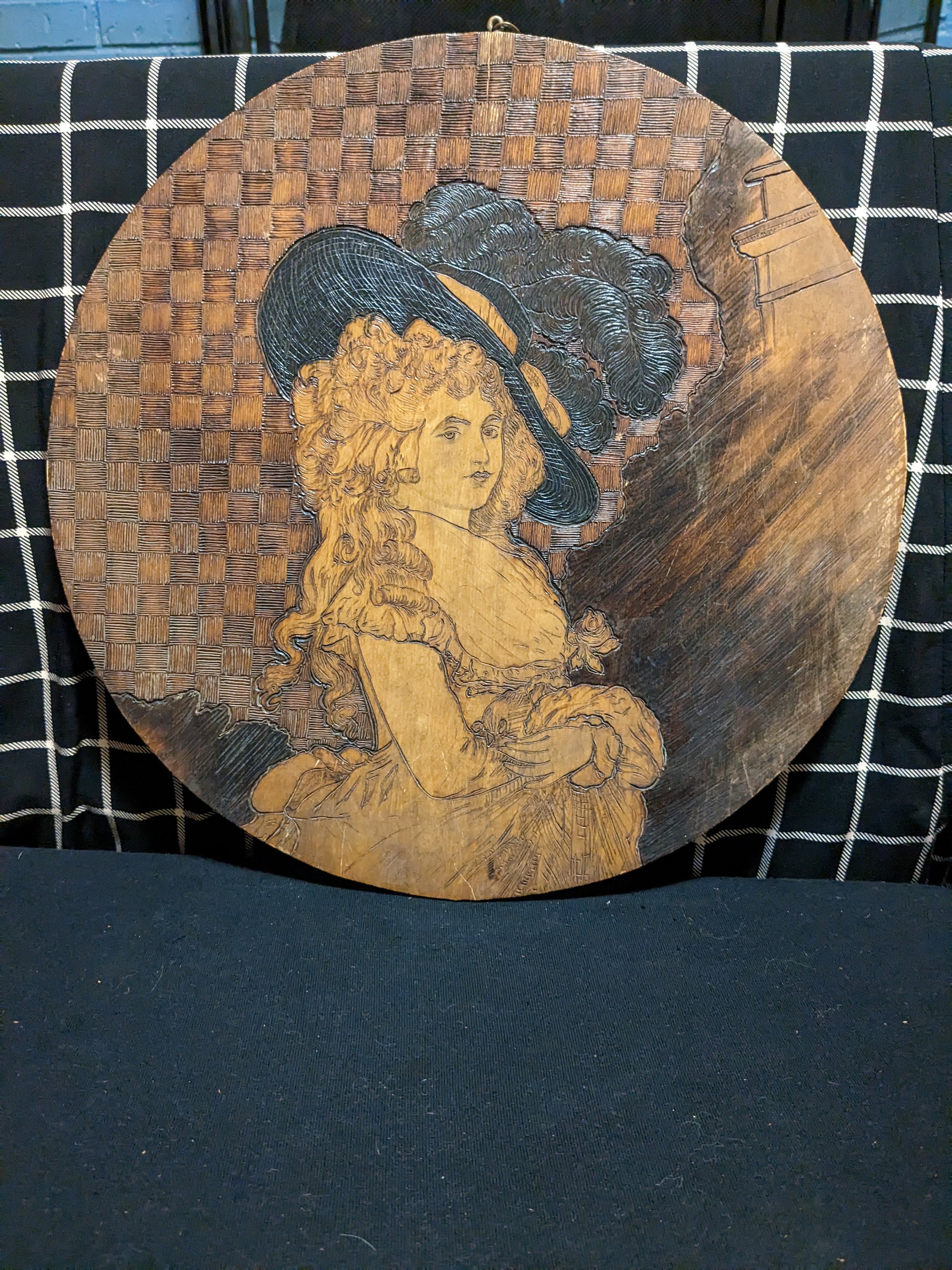 1900's Victorian Woman With Hat Antique Pyrography Wood Burning Folk ...