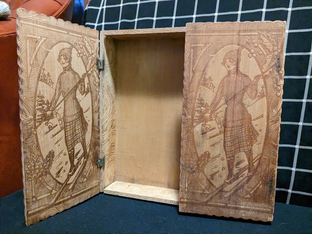 Antique Pyrography Cabinet-style Box Woman Skiing Motif 1900s Wood ...