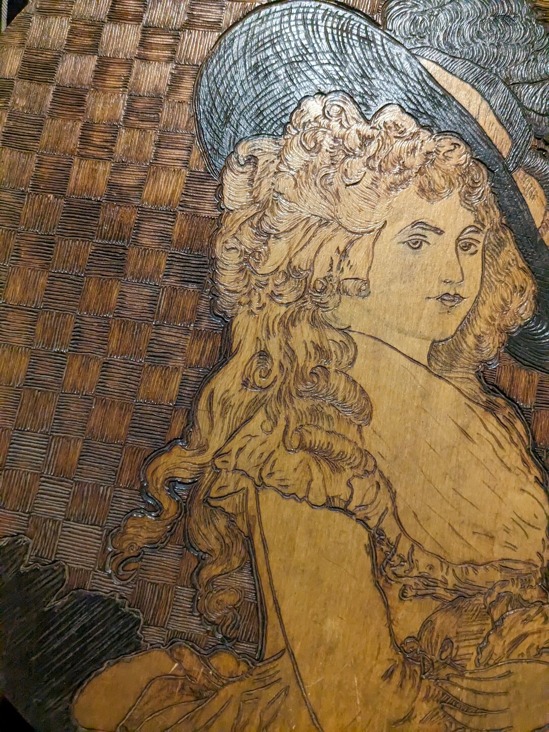 1900's Victorian Woman With Hat - Antique Pyrography - Wood Burning ...