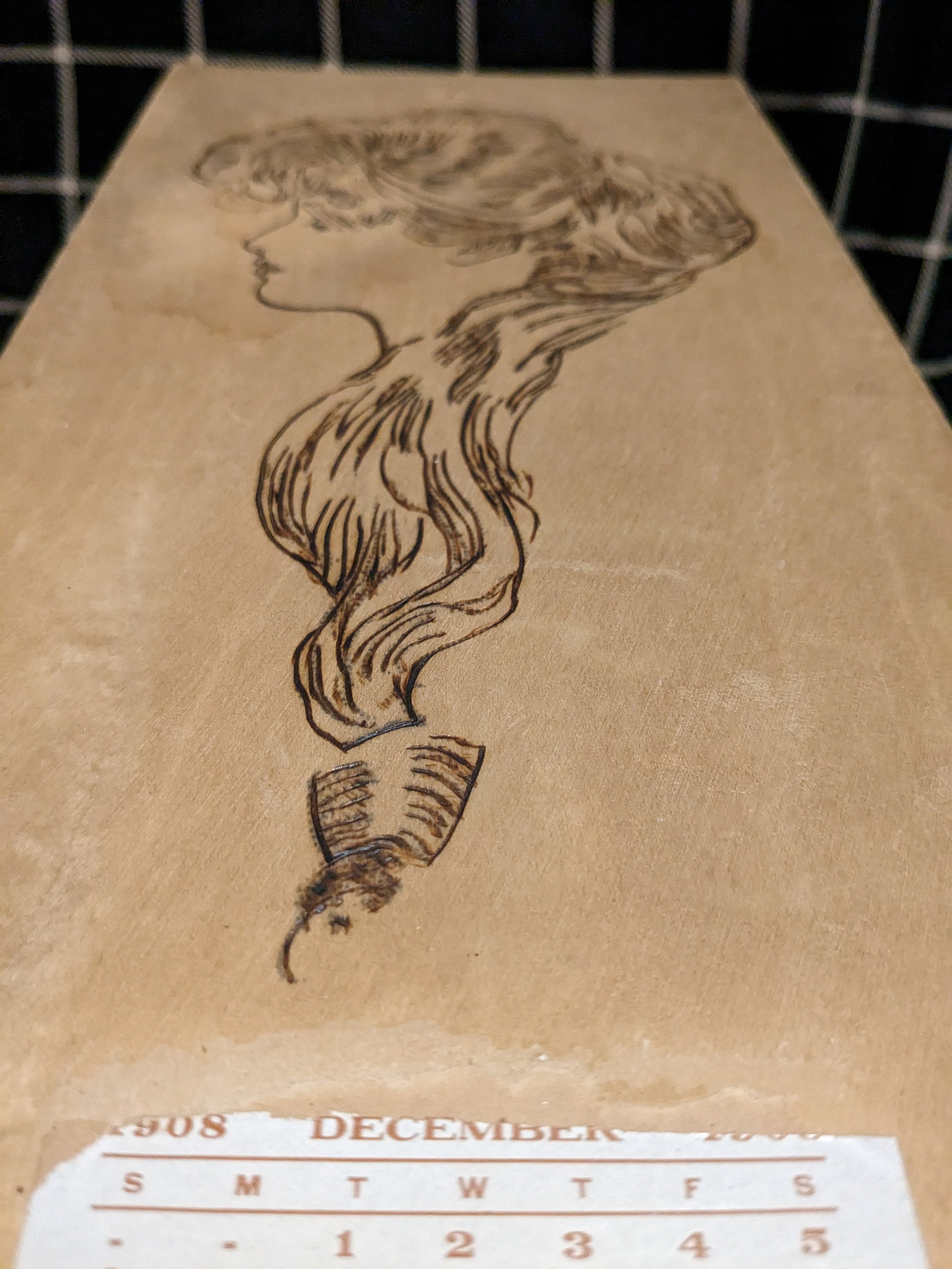 1908 Art Nouveau Antique Pyrography - Edwardian Woman on Calendar ...