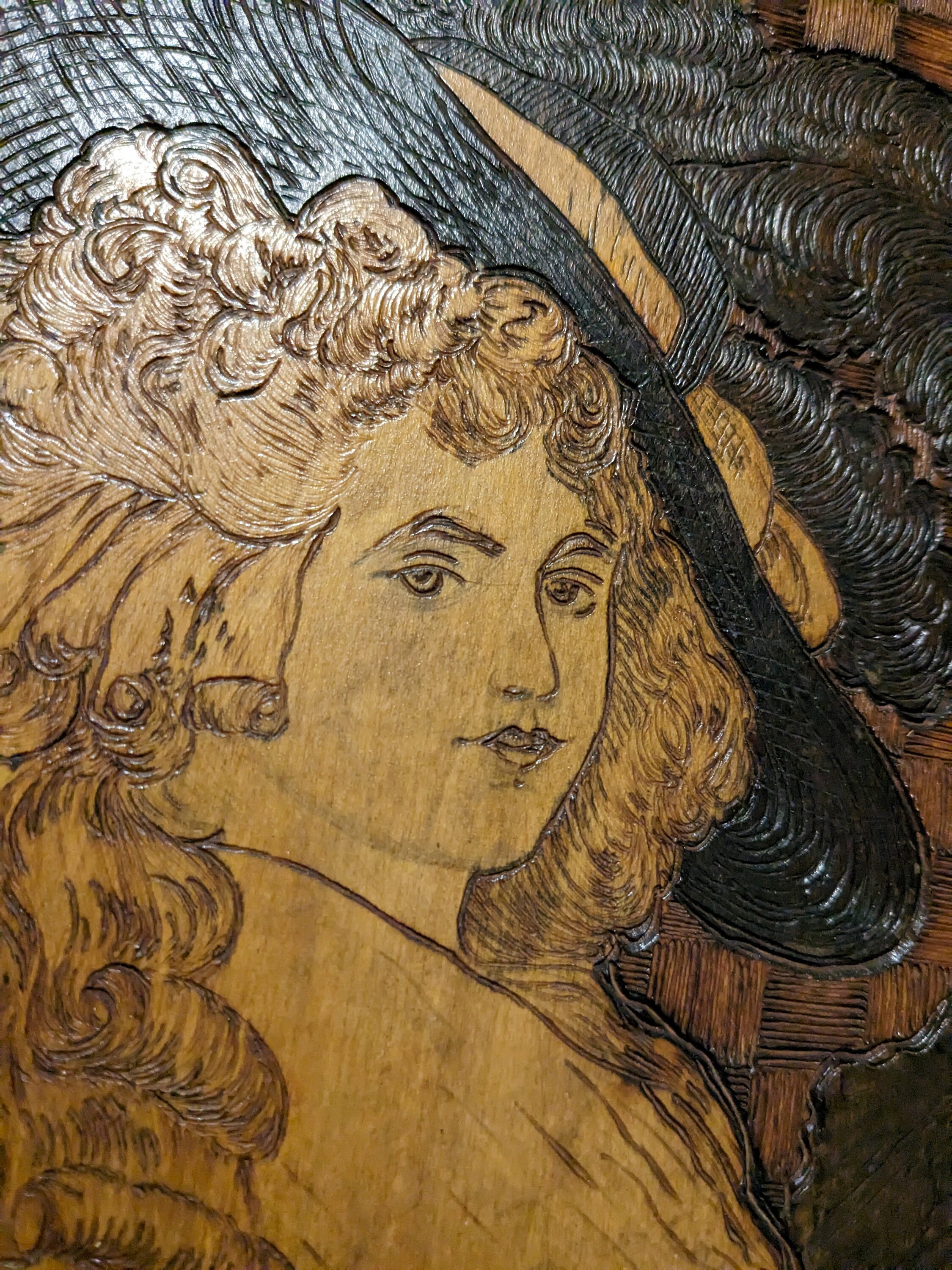 1900's Victorian Woman With Hat Antique Pyrography Wood Burning Folk ...