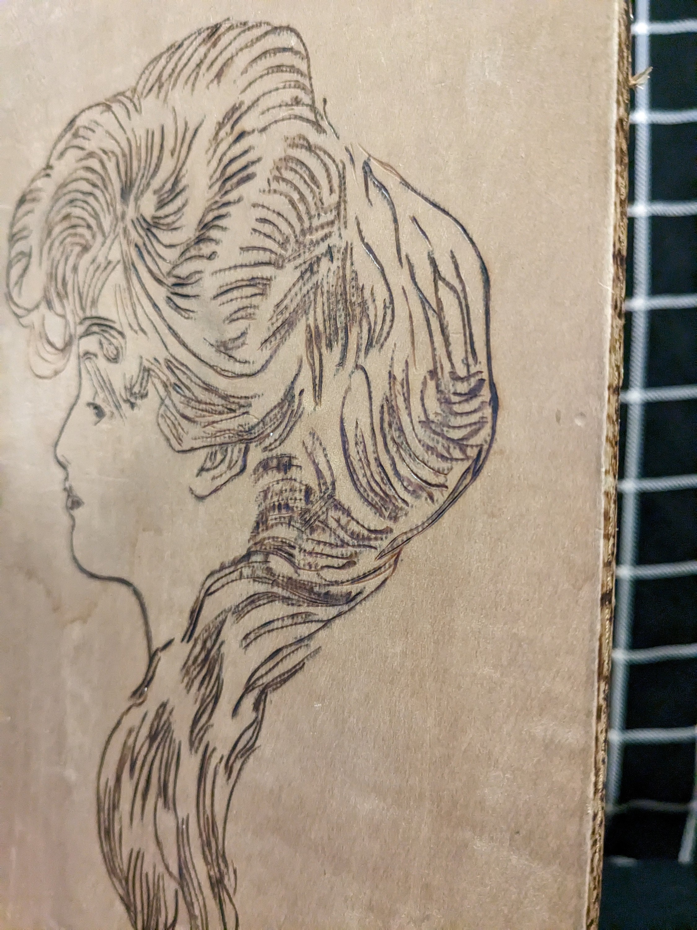 1908 Art Nouveau Antique Pyrography - Edwardian Woman on Calendar ...
