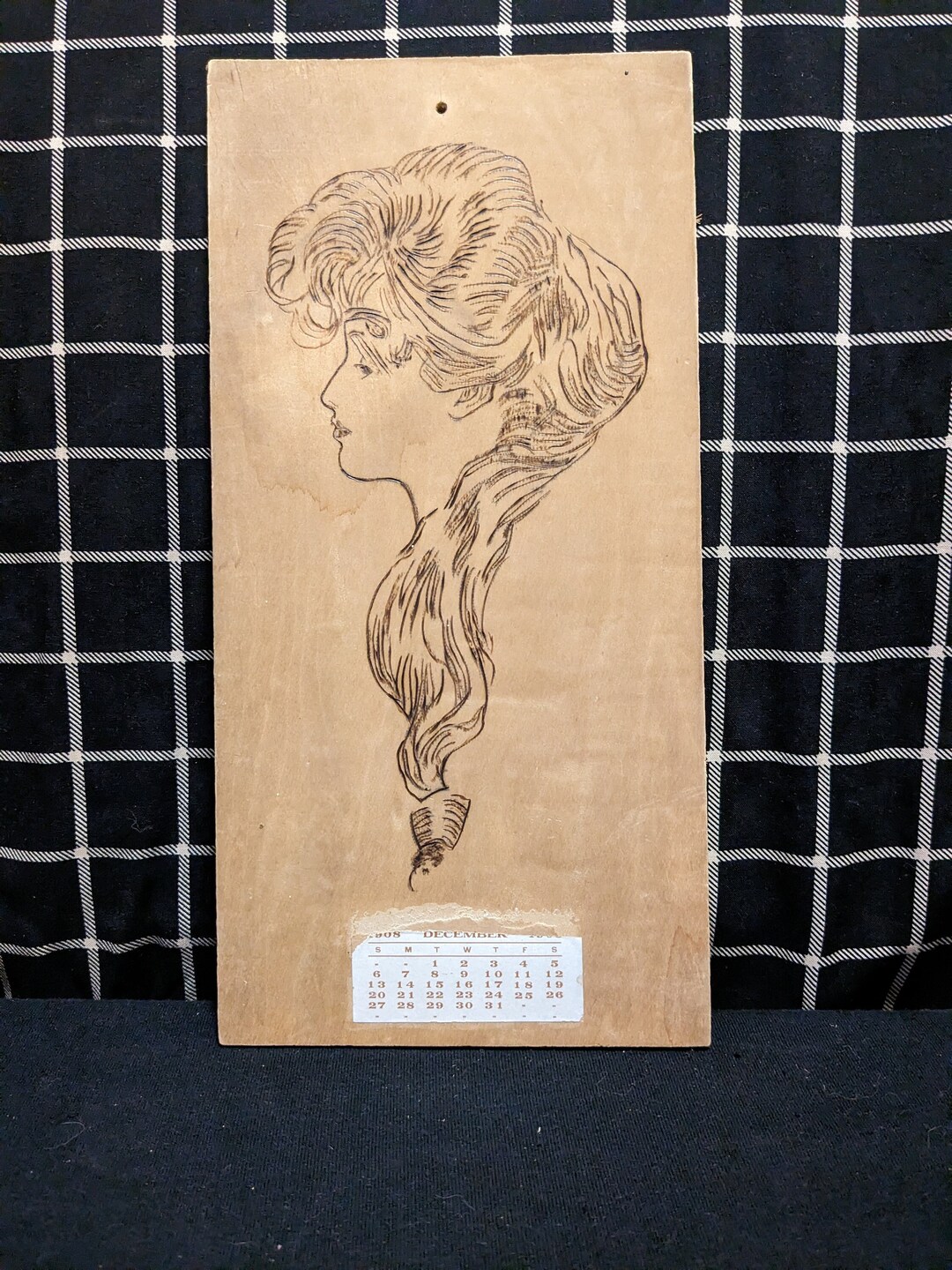 1908 Art Nouveau Antique Pyrography - Edwardian Woman on Calendar ...