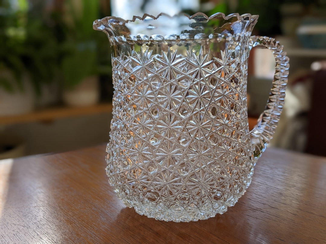 Signed Vintage Heavy Cut Glass Pitcher - UV Sensitive Leaded Glass, ABP ...