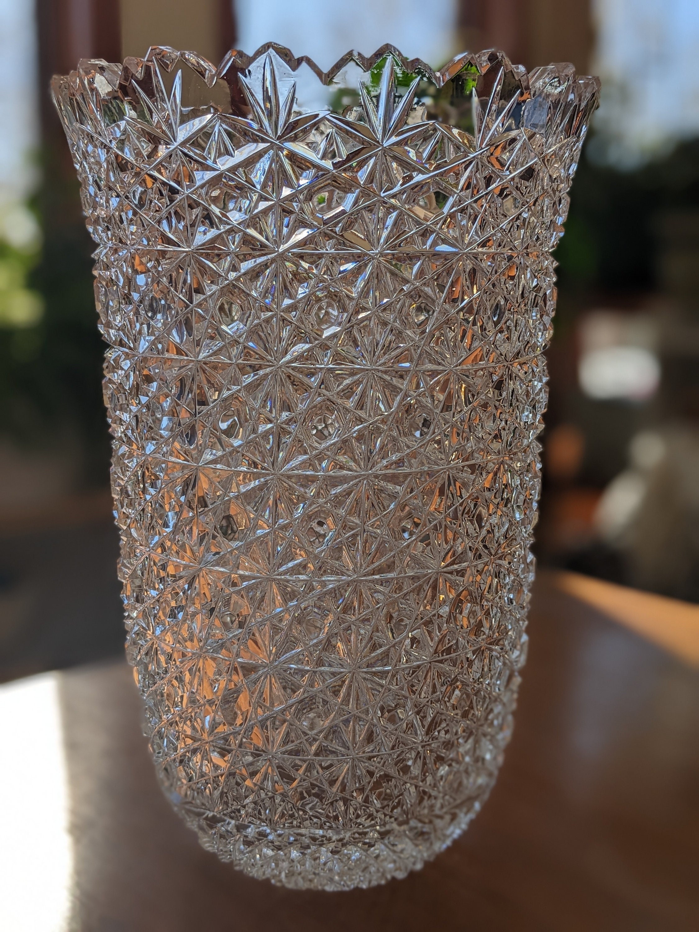 Bright 13 Signed Heavy Cut Glass Vase Signed UV Sensitive Leaded Glass ...