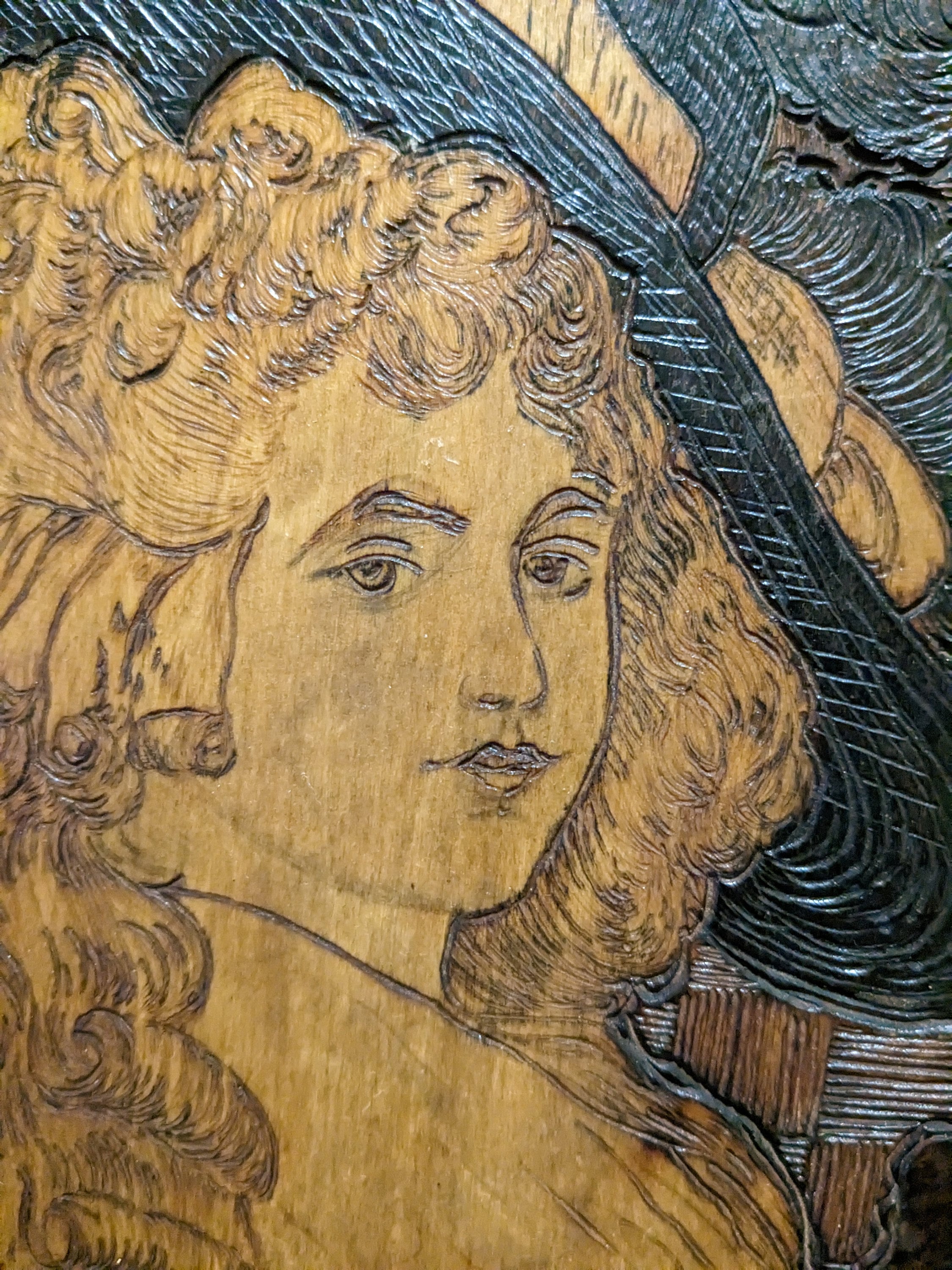 1900's Victorian Woman With Hat Antique Pyrography Wood Burning Folk ...