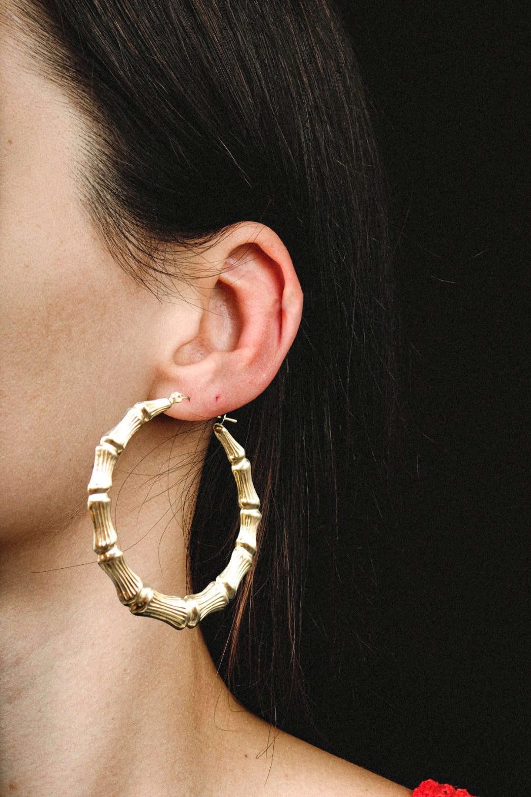10K Real Gold,yellow Gold Round Bamboo Hoop Earrings, High Quality ...