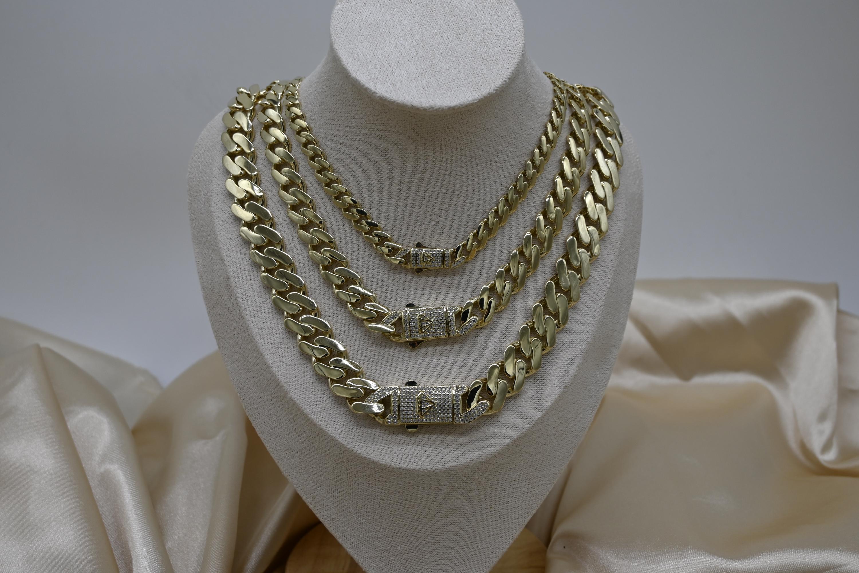 14K Real Gold Miami Cuban Link Chain Shiny CZ Box Lock Real 14K Yellow ...