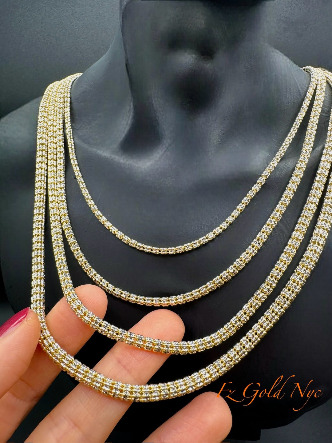 14K SOLID Real Gold Diamond Cut Ice Link Chain Necklace Yellow Gold ...