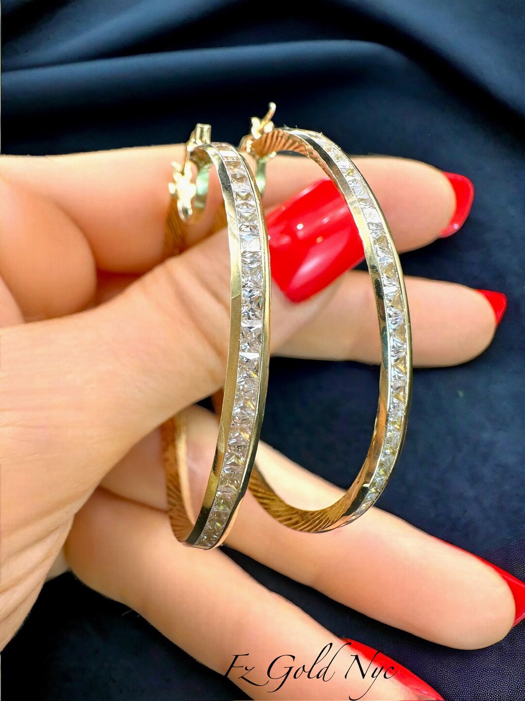 10K Real Gold Diamond Cut Hoop Earrings With Stones on the Outside | 3 ...