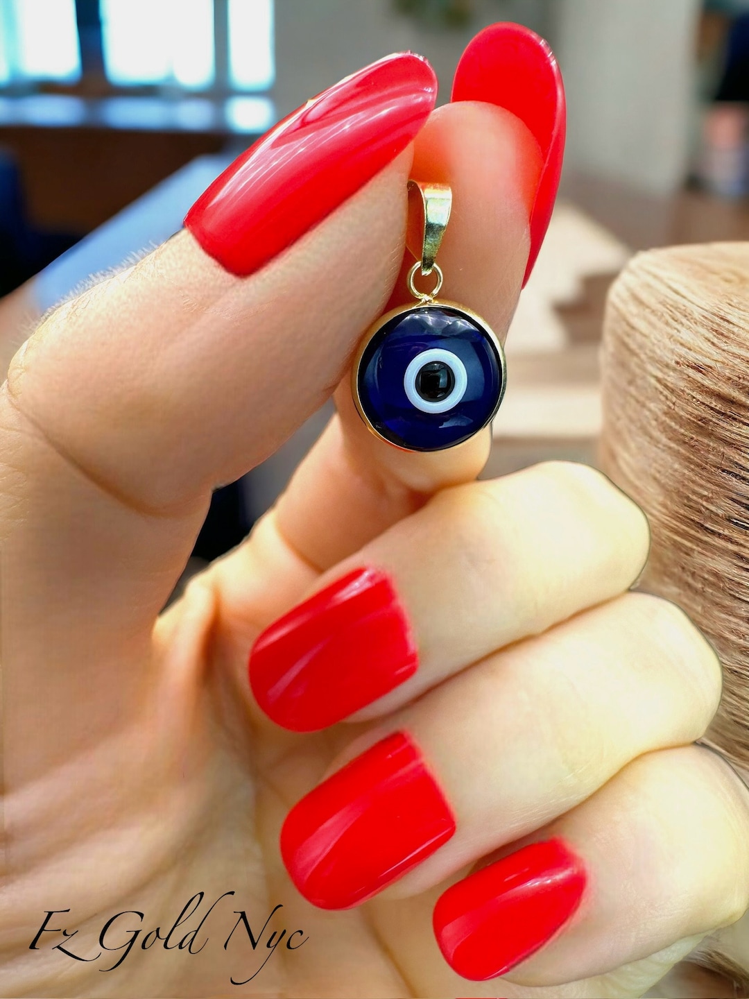 14K Real Gold Large Evil Eye Pendant - Navy Dark Blue - Round Good Luck ...