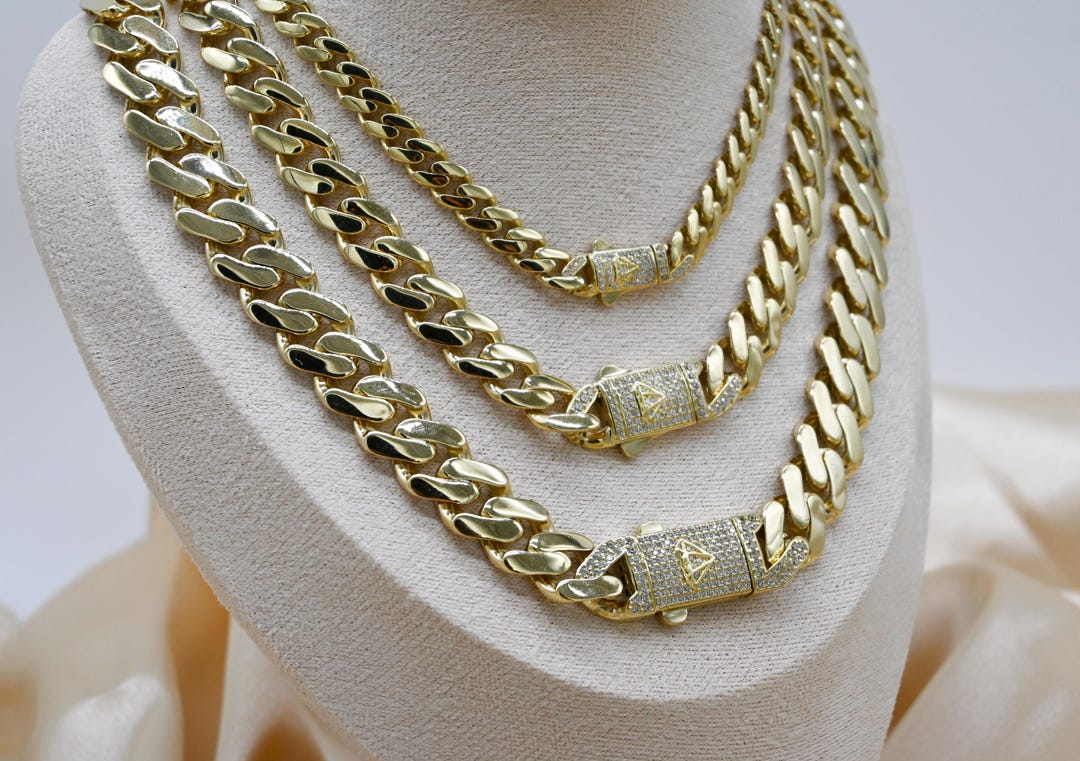 14K Real Gold Miami Cuban Link Chain Shiny CZ Box Lock Real 14K Yellow ...