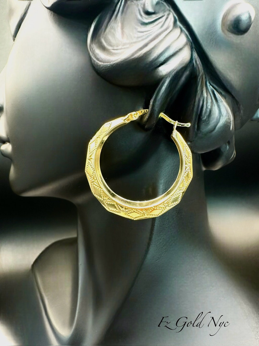 10K Real Gold Graduated Satin Hoop Earrings - Diamond Cut Hoop Earrings ...