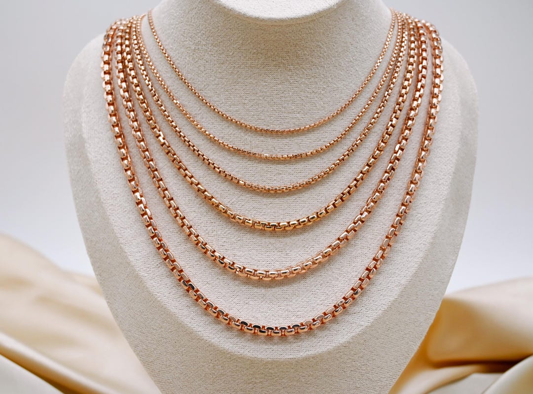 14K Real Rose Gold Round Box Necklace- Thick Gold Chain, Box Gold Chain ...