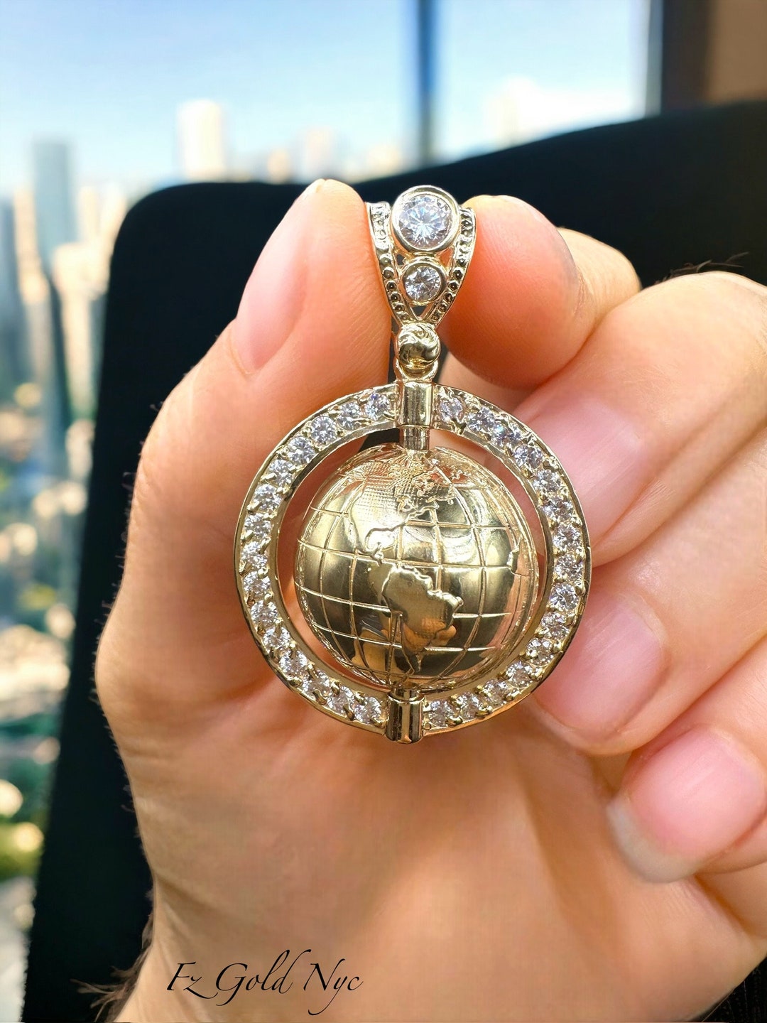 14K Solid Real Gold World Map Pendant -14K Real Gold CZ Diamond ...