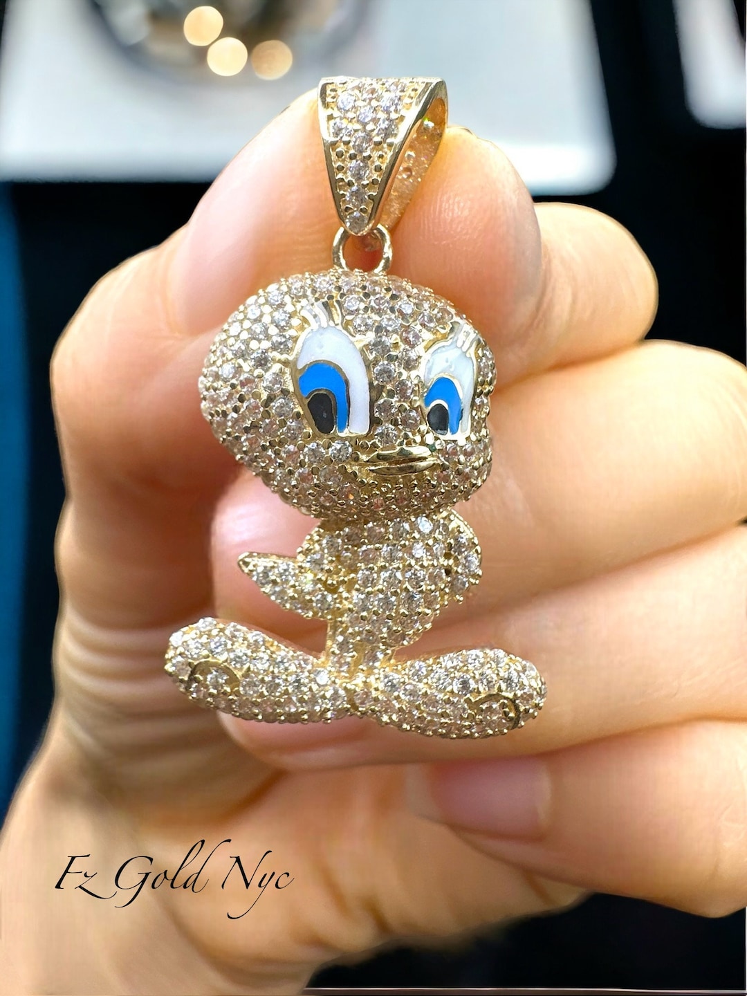 14K Real Yellow Gold Tweety Bird Charm Pendant -14K Gold CZ Diamond ...