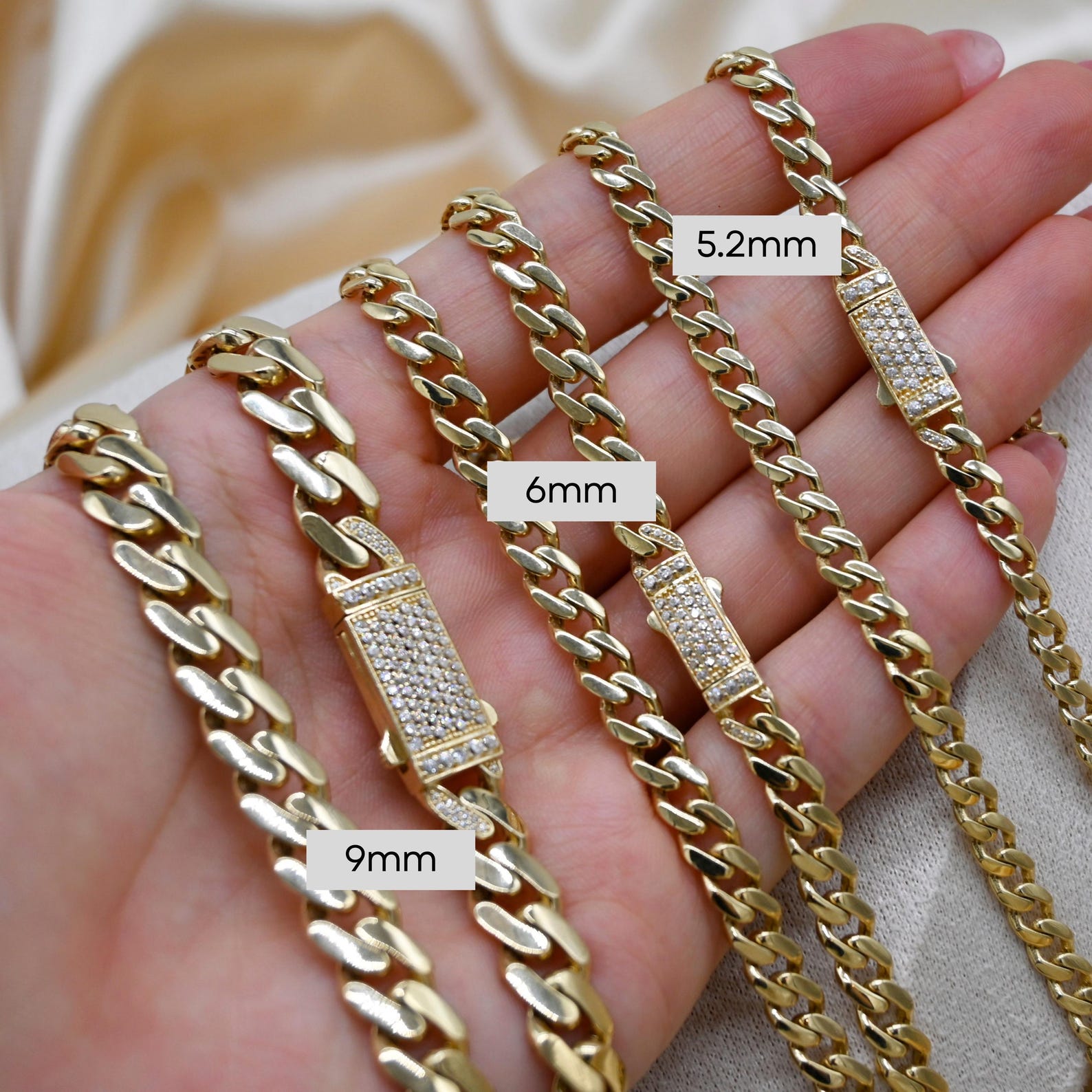 14K Real Gold Miami Cuban Link Chain Shiny CZ Box Lock Real 14K Yellow ...