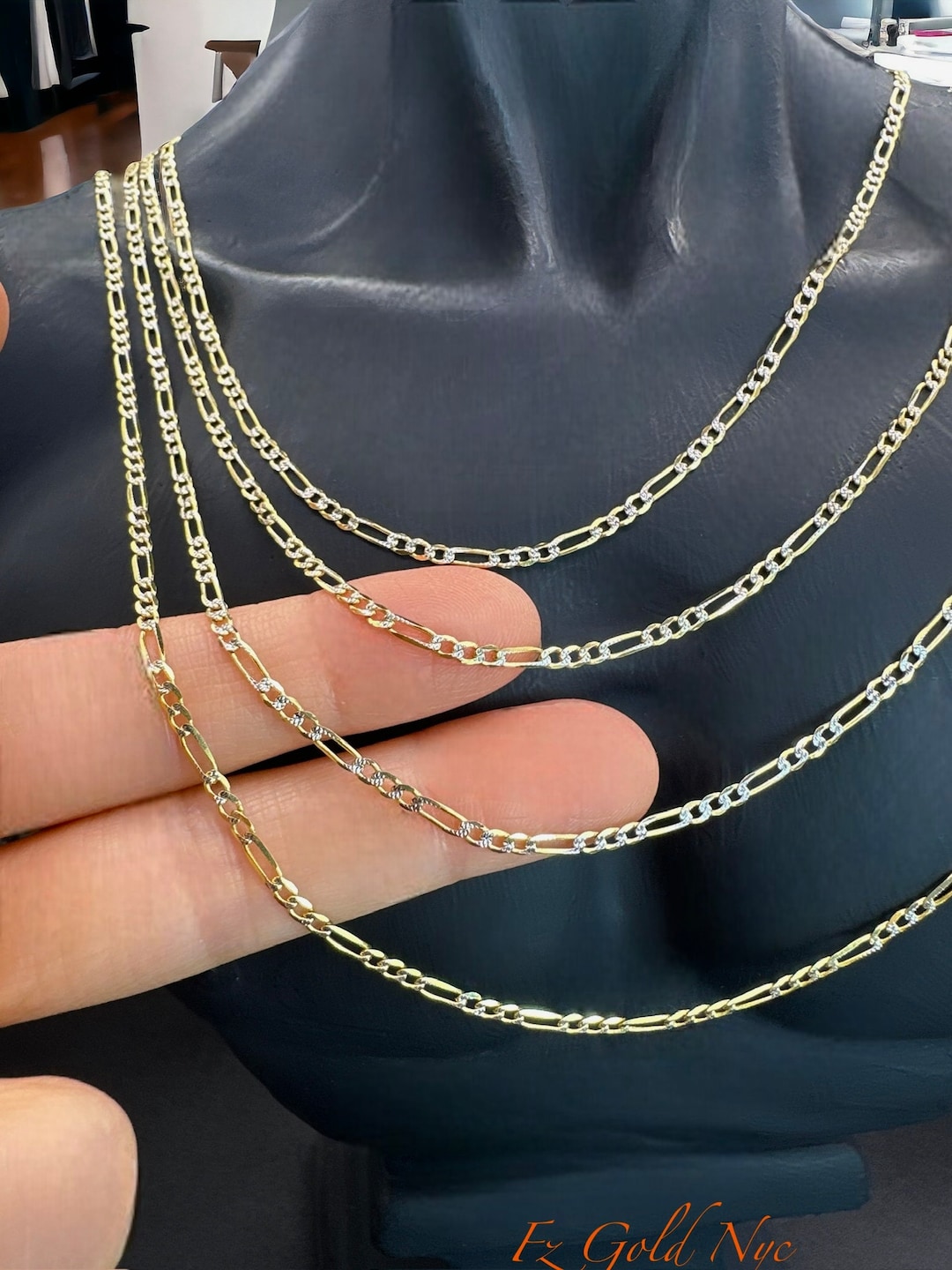 14K Fully SOLID Gold Figaro Chain-14k Thick Link Chain Necklace -white ...