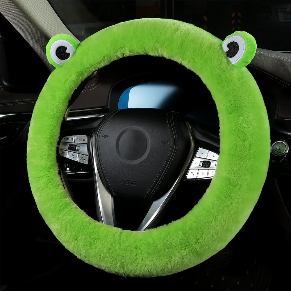 Cute Style Fluffy Green Frog Genuine Wool Steering Wheel Cover for ...