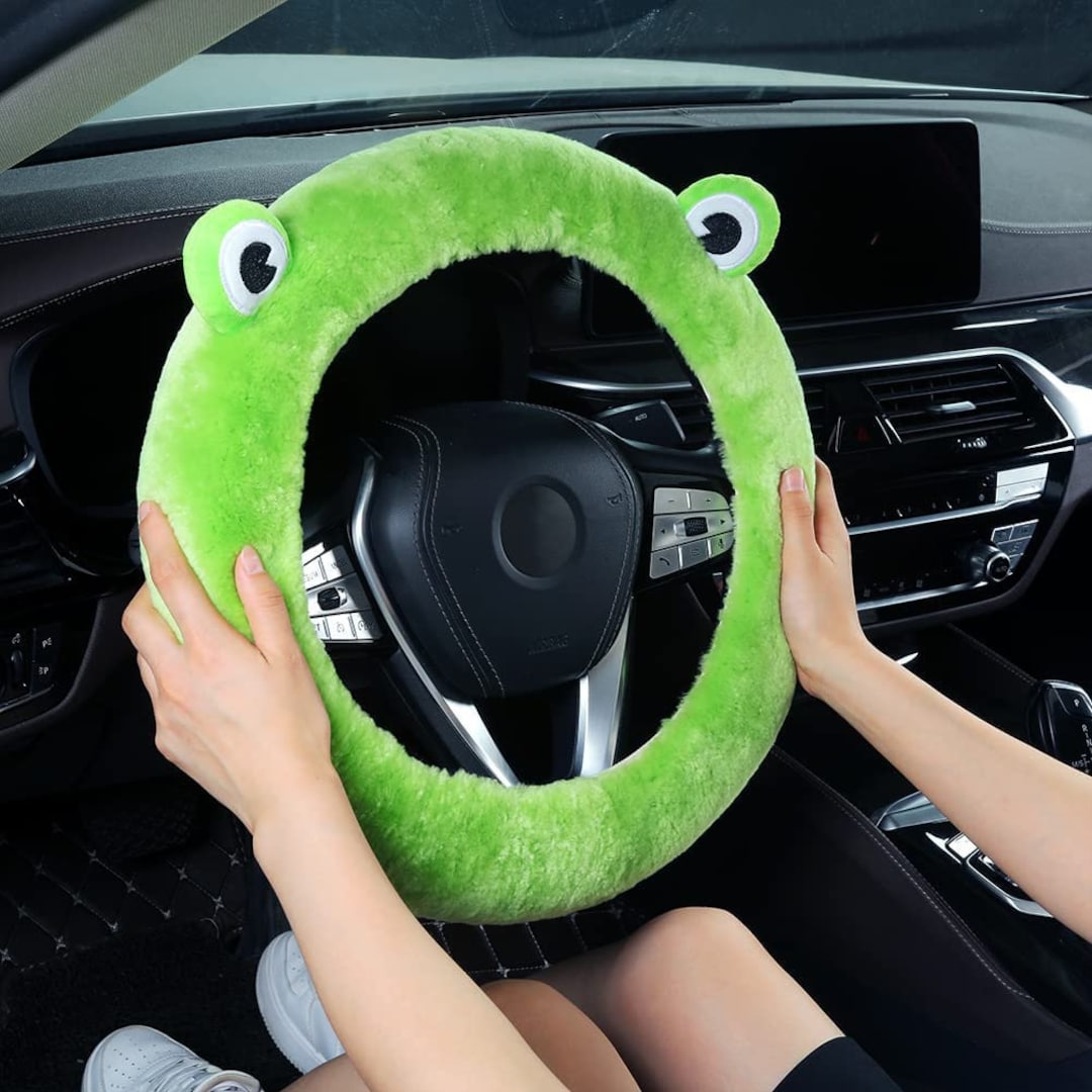 Cute Style Fluffy Green Frog Genuine Wool Steering Wheel Cover for ...