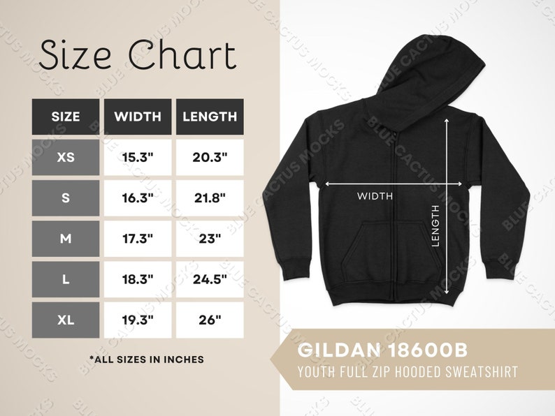 Gildan 18600B Size Chart, Sizing Guide for Youth Full Zip Hoodie, JPG ...