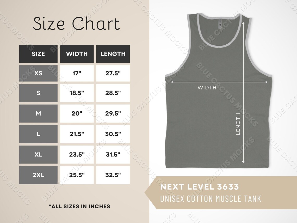 Next Level 3633 Size Chart, Sizing Guide for Unisex Cotton Muscle Tank ...