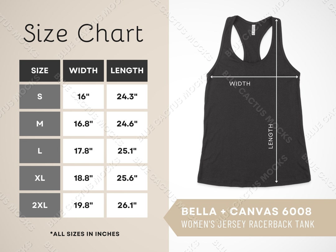 Bella Canvas 6008 Size Chart, Sizing Guide for Womens Jersey Racerback ...