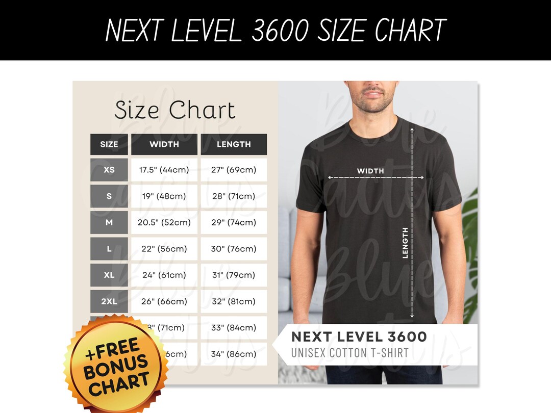Next Level 3600 Size Chart | Metric and US Imperial Tshirt Sizing Guide ...