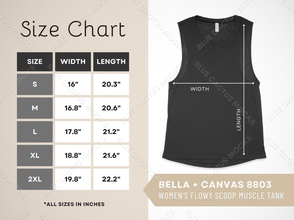 Bella Canvas 8803 Size Chart, Sizing Guide for Womens Flowy Scoop Muscle Tank, JPG Design ...