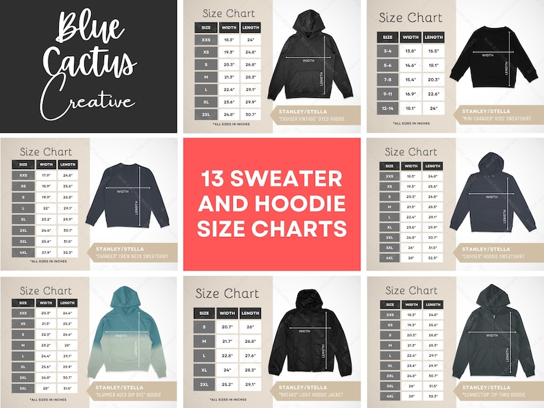 Stanley Stella Size Chart Bundle | 19 Sizing Guide Options for Shirt or ...