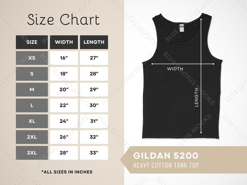 Gildan 5200 Size Chart, Sizing Guide for Heavy Cotton Tank Top, JPG Design Template, Singlet ...