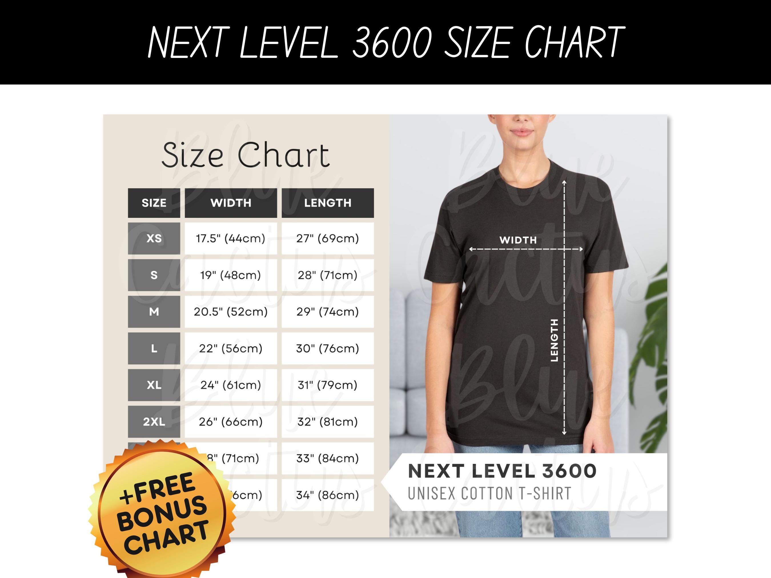 Next Level 3600 Size Chart | Metric and US Imperial Tshirt Sizing Guide ...