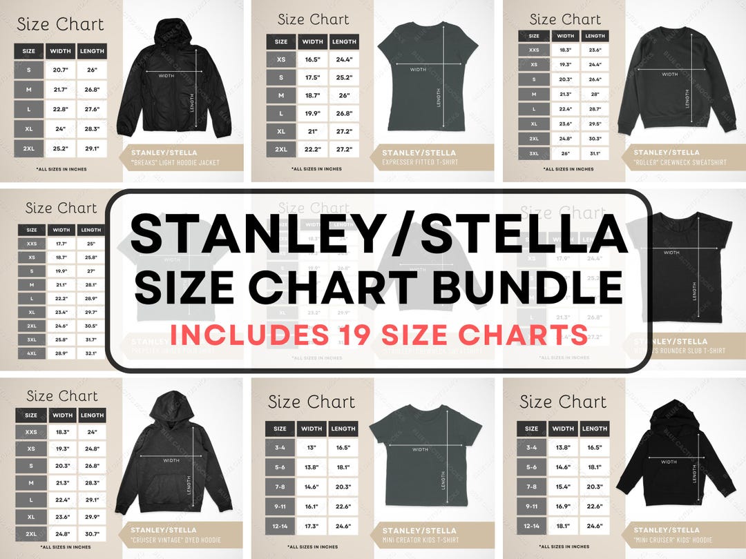 Stanley Stella Size Chart Bundle | 19 Sizing Guide Options for Shirt or ...