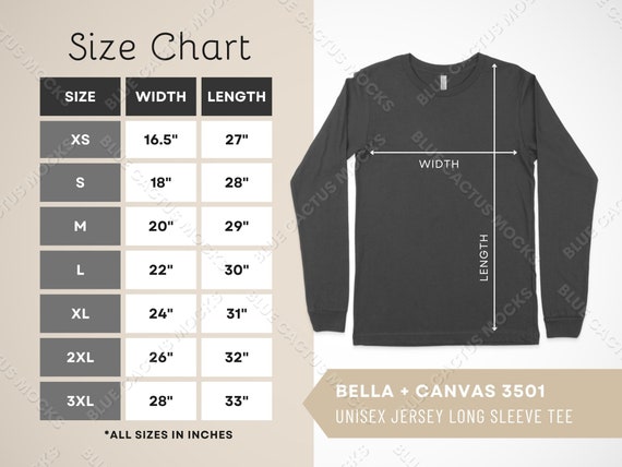 Bella Canvas 3501 Size Chart Sizing Guide for Unisex Jersey - Etsy