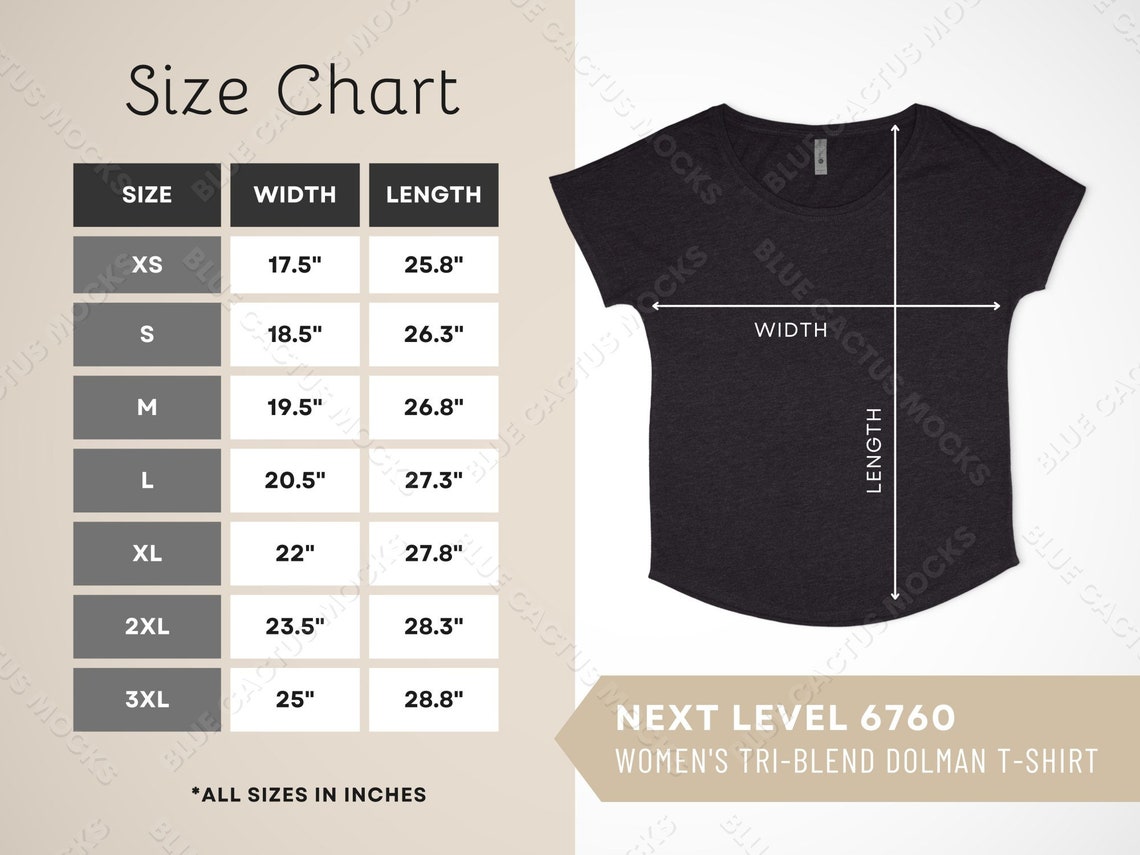Next Level 6760 Size Chart, T-shirt Sizing Guide for Womens Triblend ...