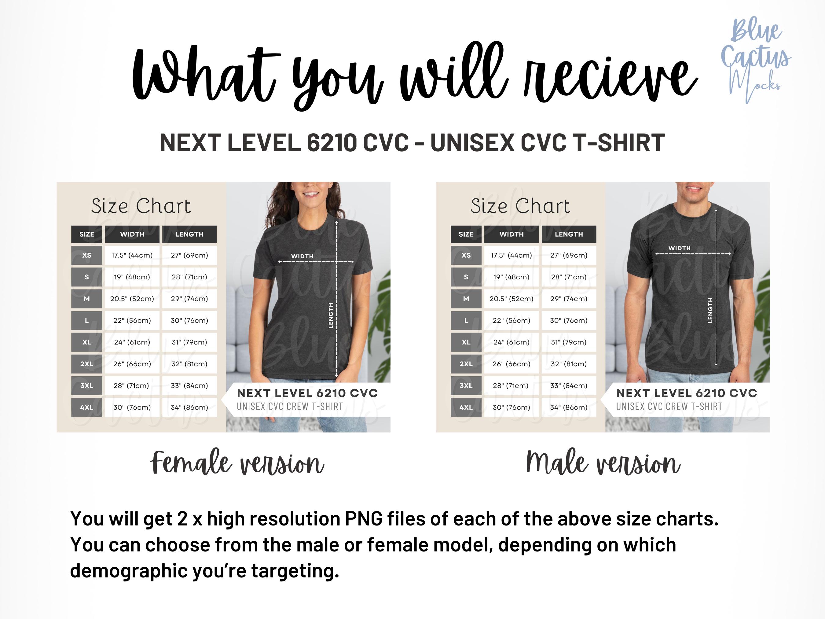 Next Level 6210 CVC Size Chart | Metric and US Imperial Tshirt Sizing ...