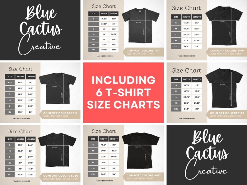 Comfort Colors Size Chart Bundle | 10 Sizing Guide Options for 6014 ...