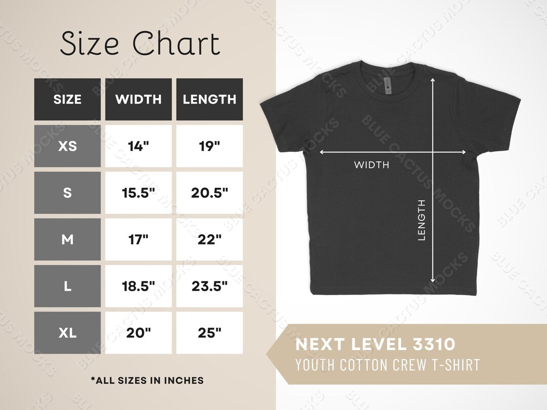 Next Level 3310 Size Chart, T-shirt Sizing Guide for Youth Cotton Crew ...