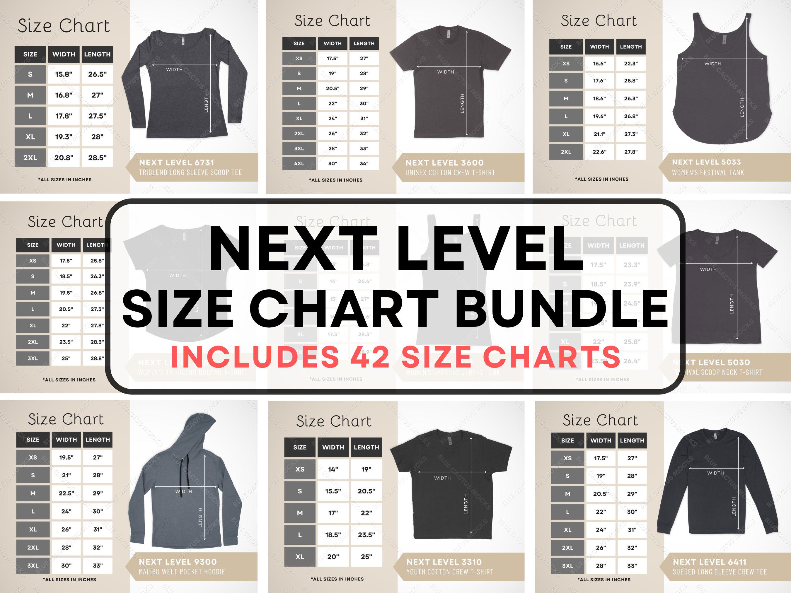Next Level Size Chart Bundle | 42 Sizing Guide Options for 3600, 5080, 9001 Tshirt Mockup | Tank ...