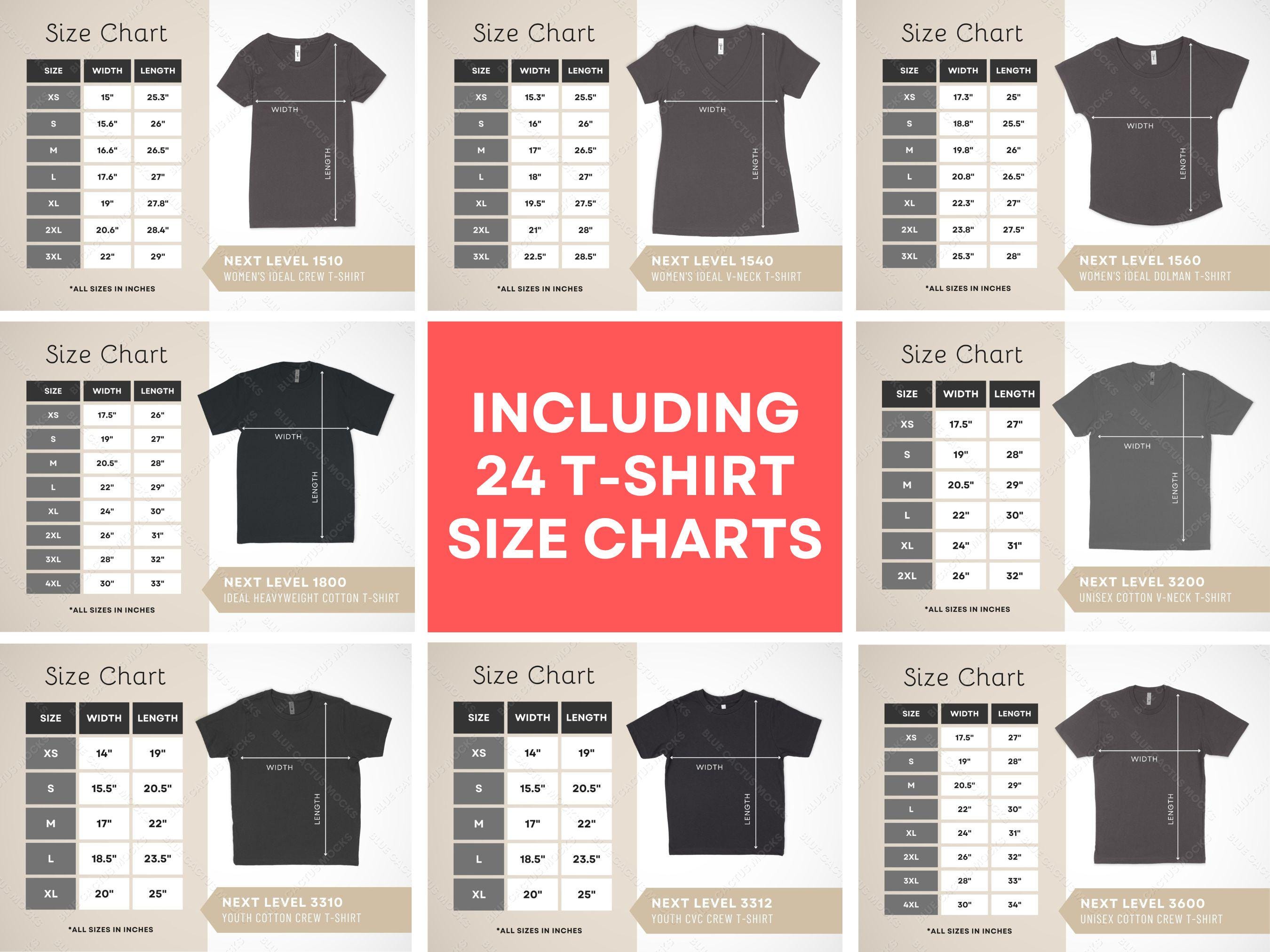 Next Level Size Chart Bundle | 42 Sizing Guide Options for 3600, 5080 ...