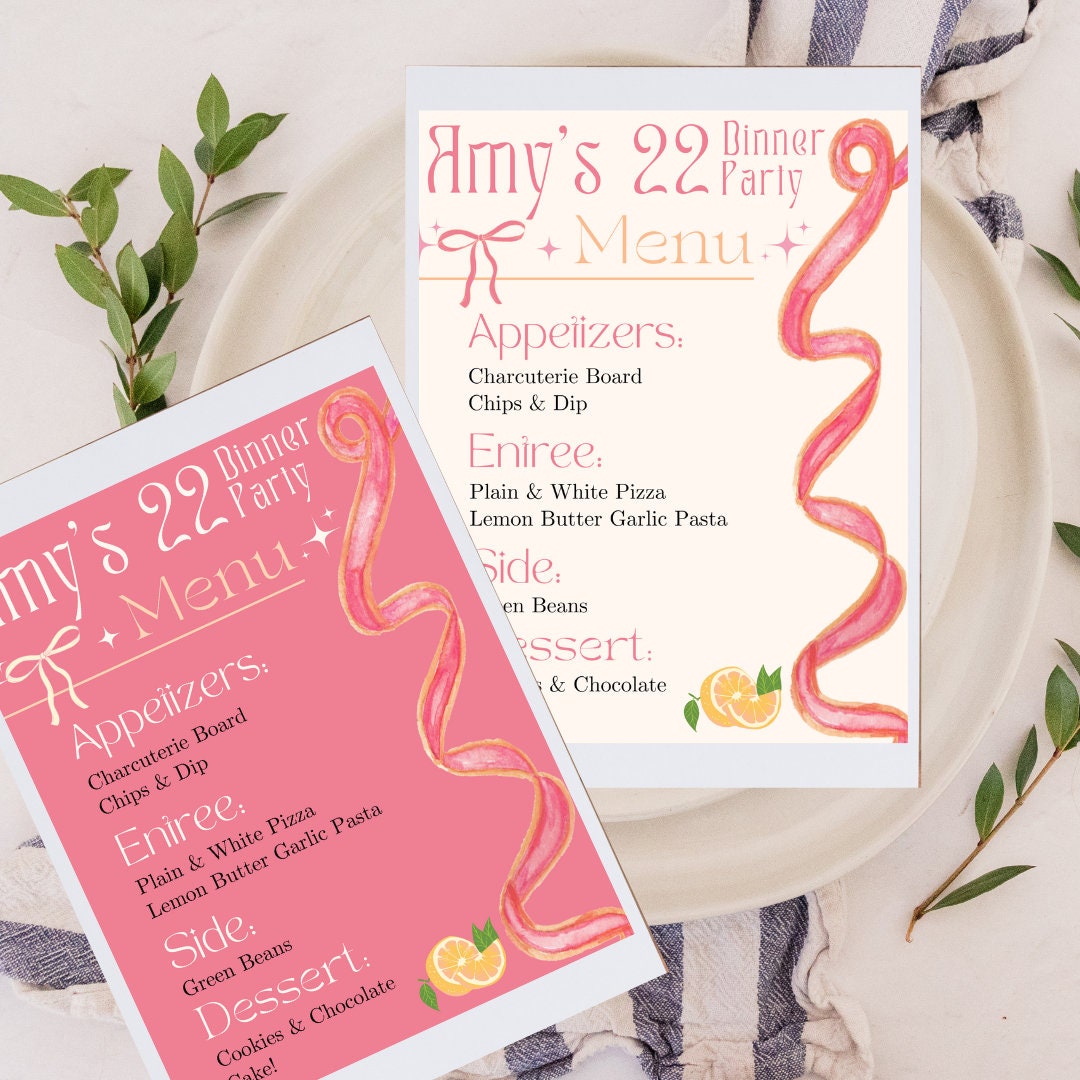 Pink Bow Dinner Party Editable Menu Template - Birthday/hosting/garden ...